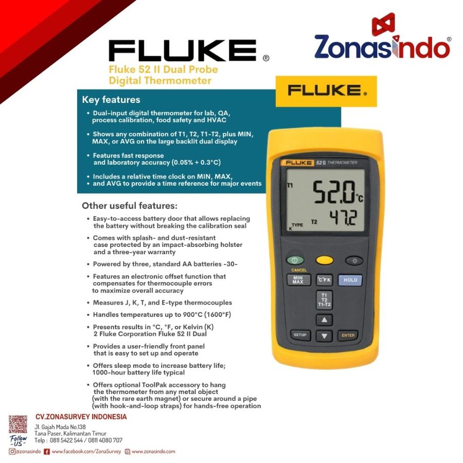 Fluke 52-II Dual Input Digital thermometer - Zonasindo